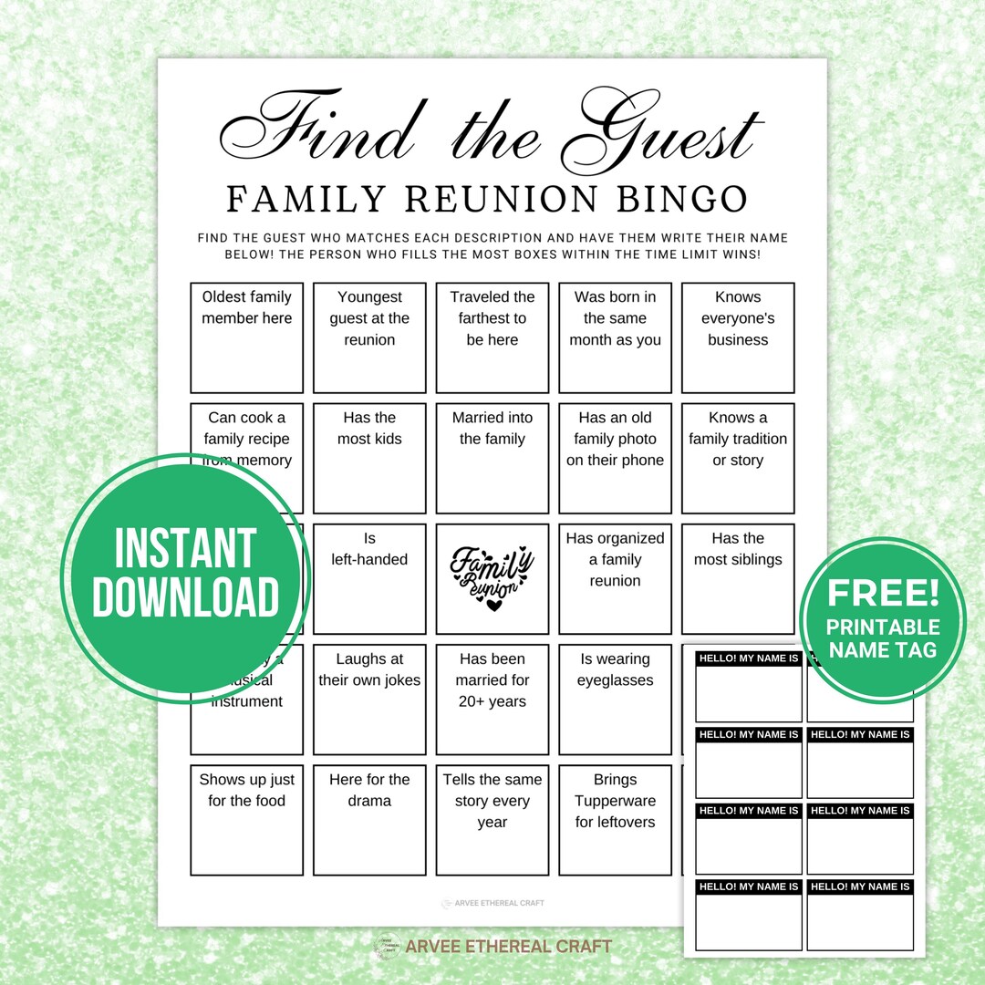 Family Reunion Find the Guest Bingo, Printable Find Someone Who Bingo ...