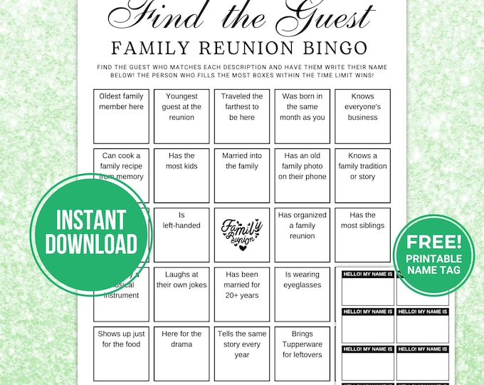 Editable Family Reunion Bingo, Family Reunion Games, Find the Guest ...
