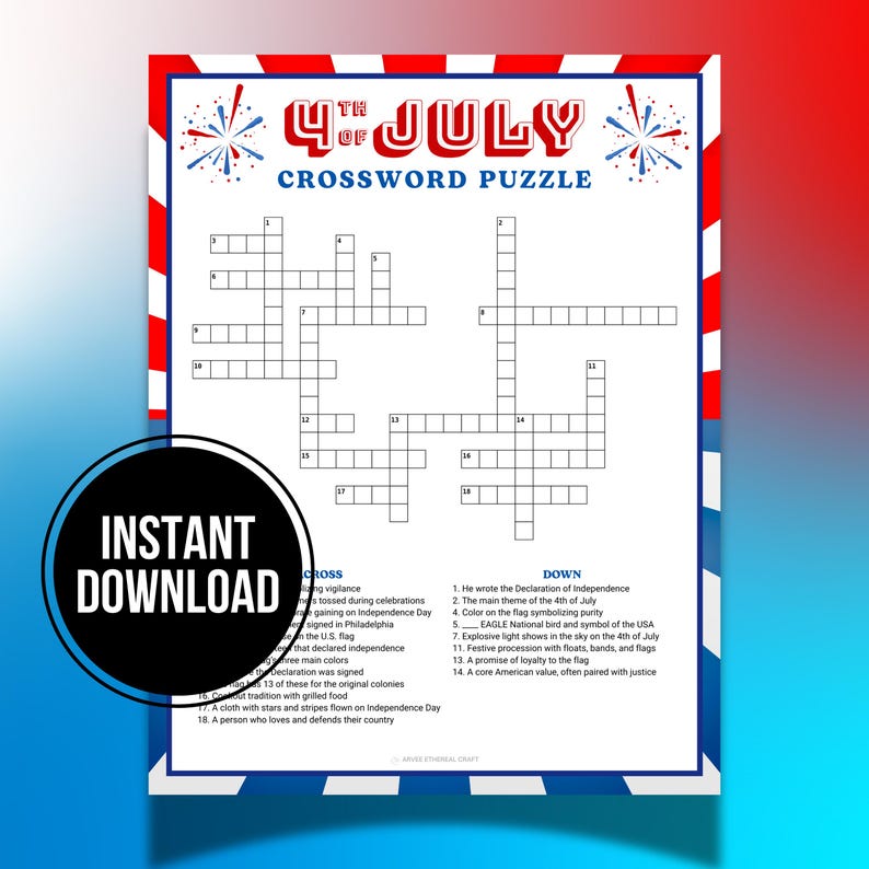 Crossword Puzzle Game, 4th of July Printable Independence Day Patriotic ...