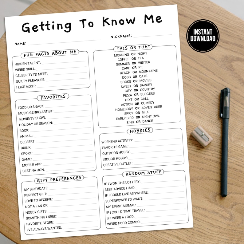 Team Building Get to Know Me Questionnaire Printable My Favorite Things ...