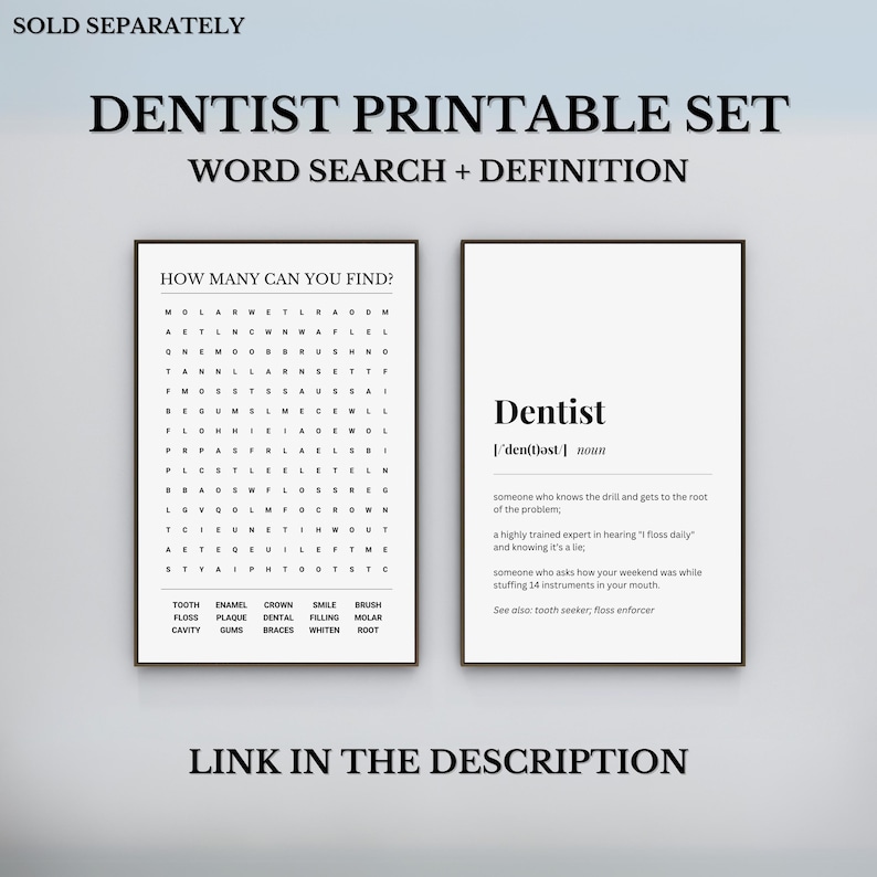 Dentist Word Search, Dental Office Decor, Printable Dental Wall Art ...