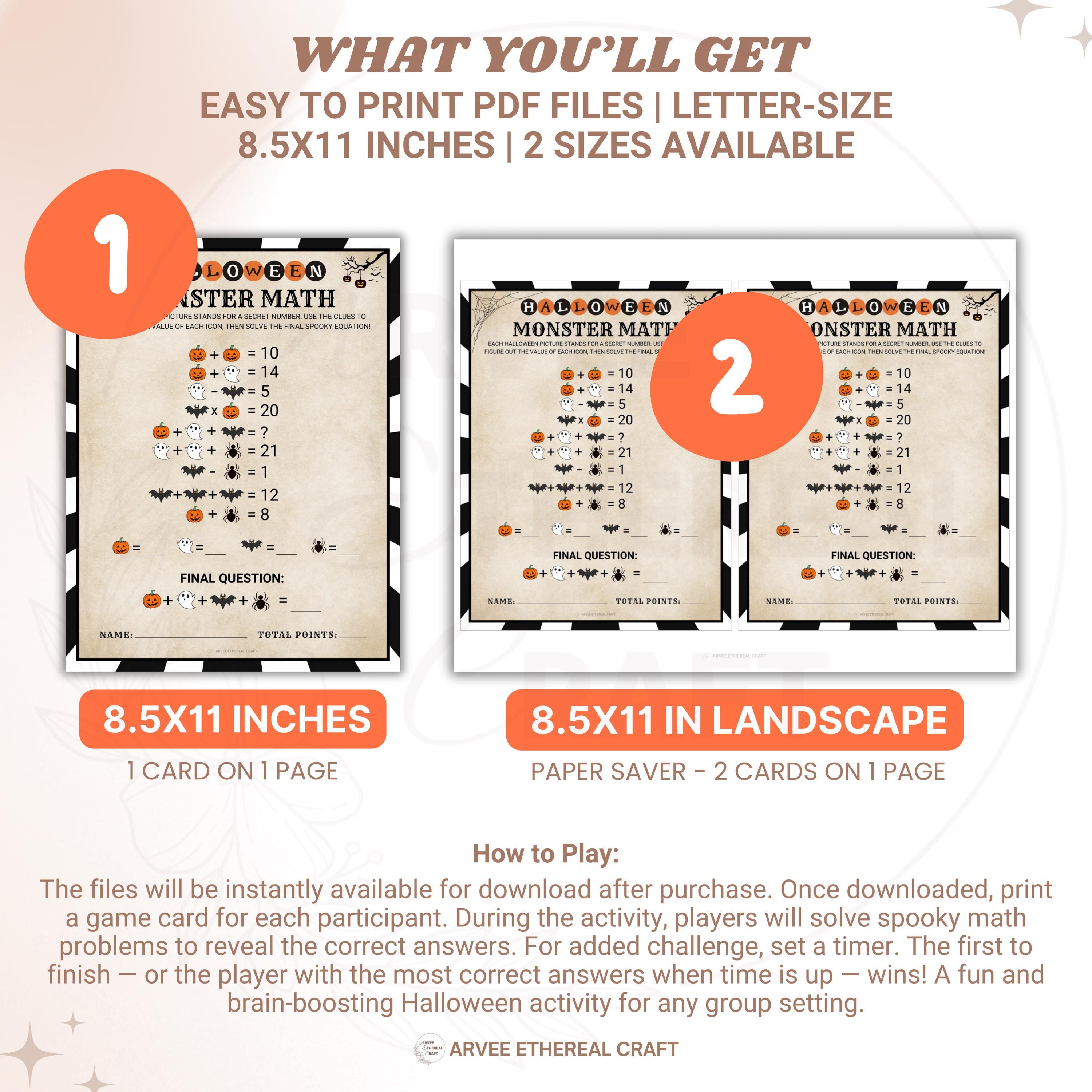 Printable Halloween Monster Math Game, Math Problems, Math Challenge ...