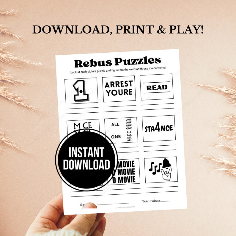 Rebus Brain Teasers Printable, Picture Puzzle Quiz Game, Word Puzzles ...