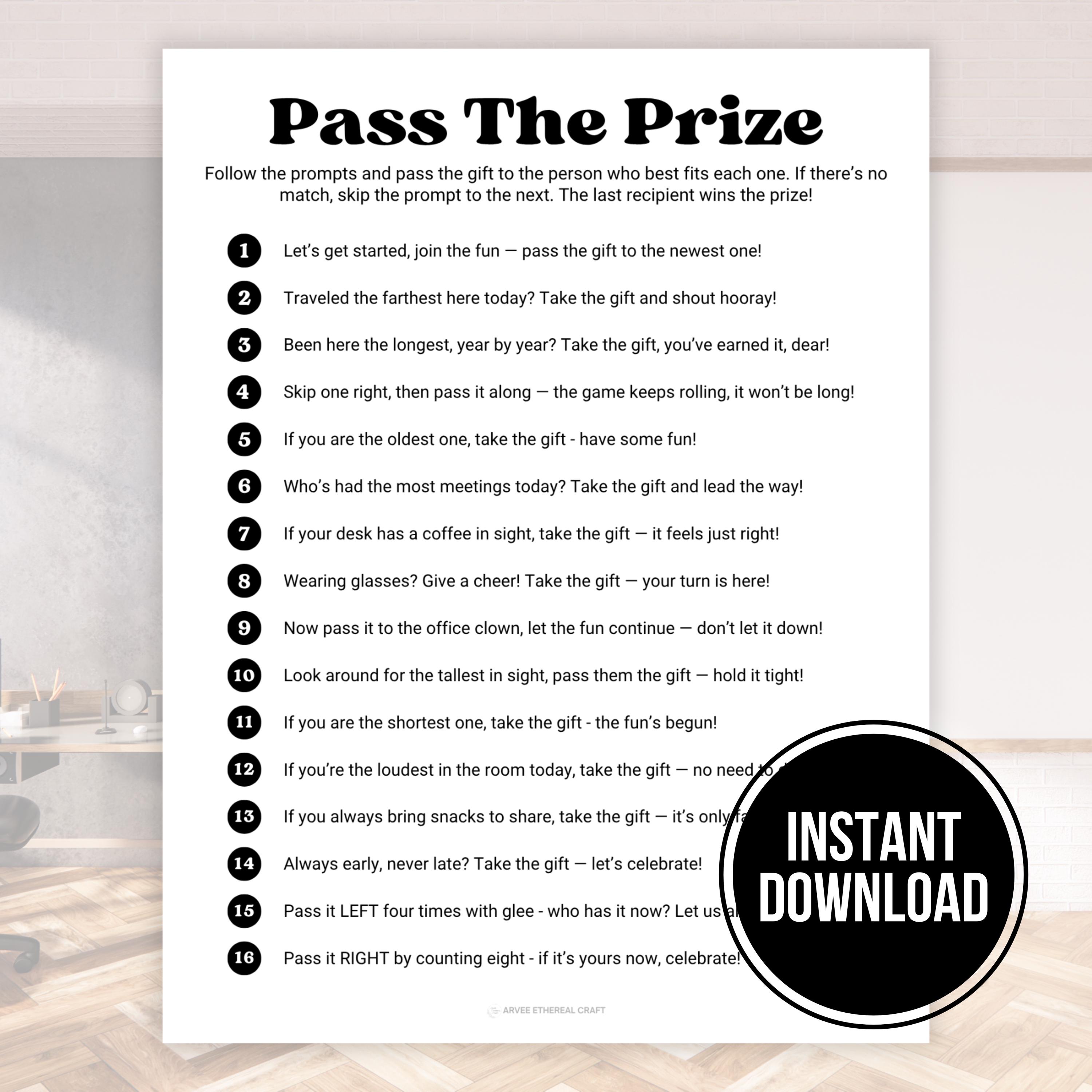 Office Party Games, Pass the Prize Game, Printable Gift Exchange Pass ...