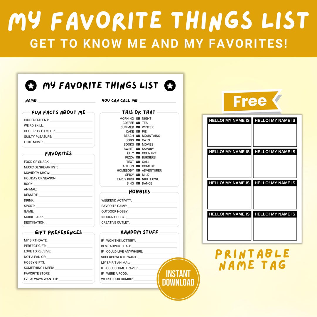 My Favorite Things List, All About Me, Employee Favorites List ...
