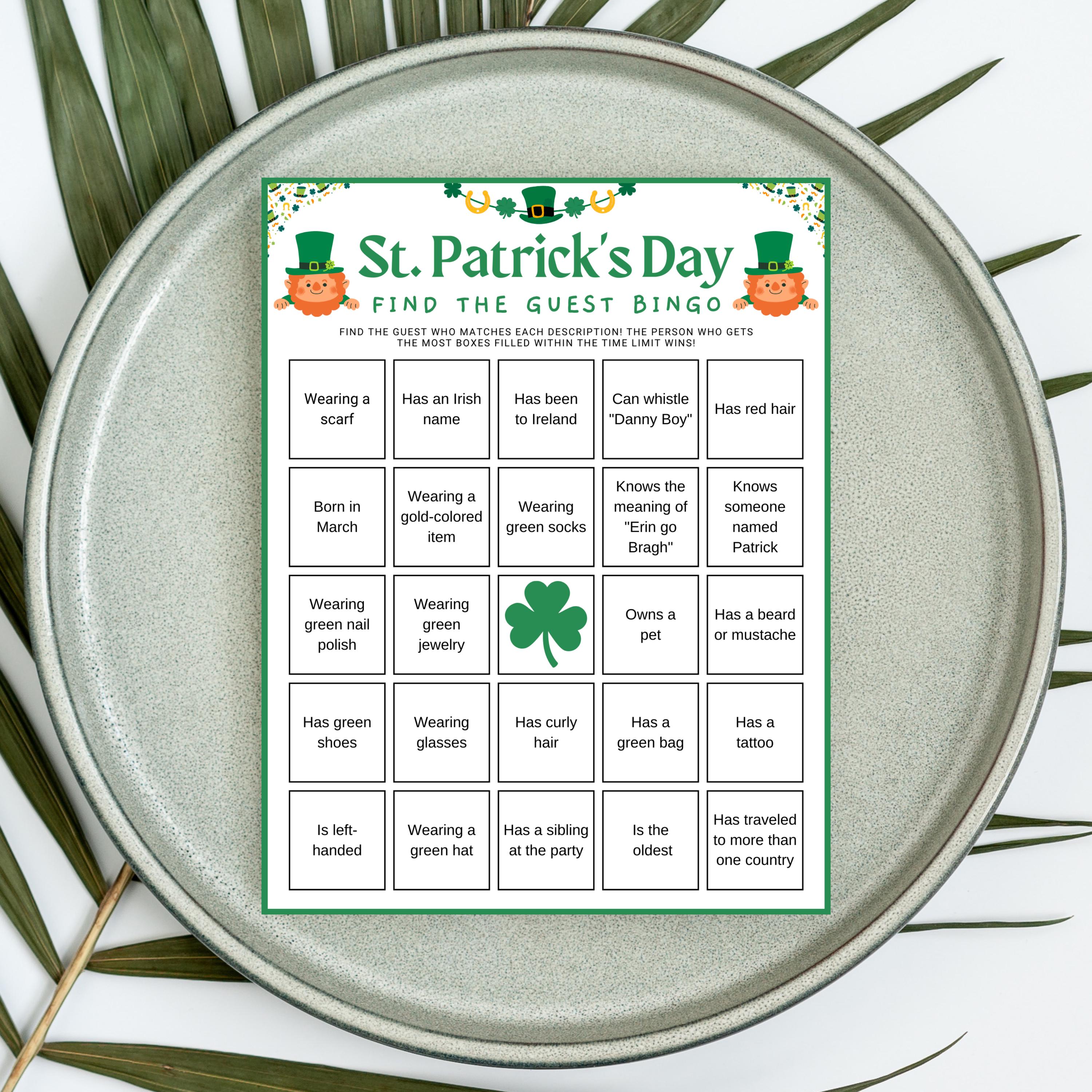 St. Patrick's Day Find the Guest Bingo Card Game, Saint Patrick's Day ...
