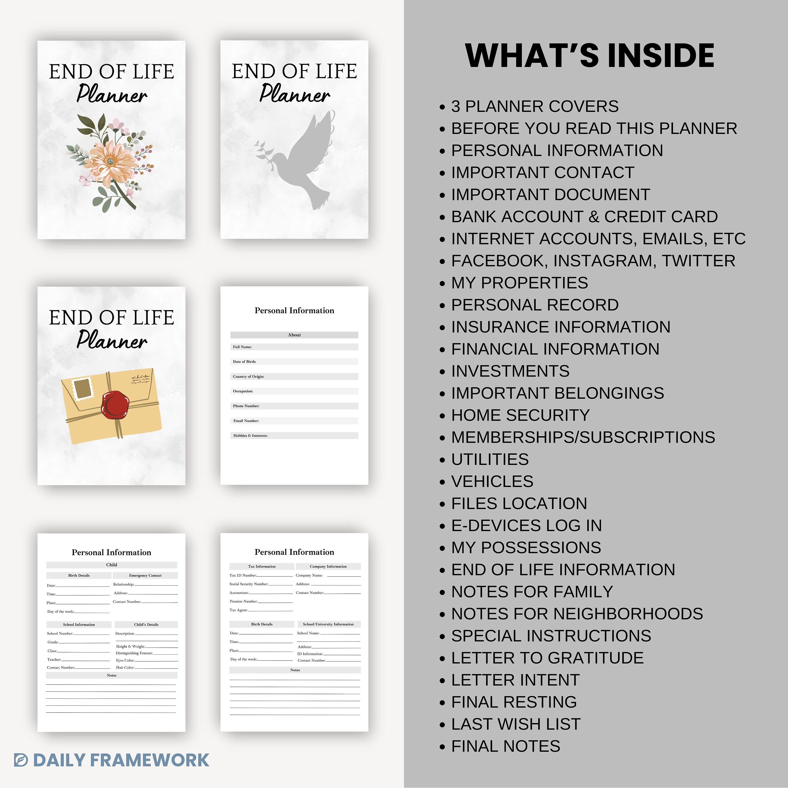 End of Life Planner Printable, Memorial Funeral Favors, in Case of ...