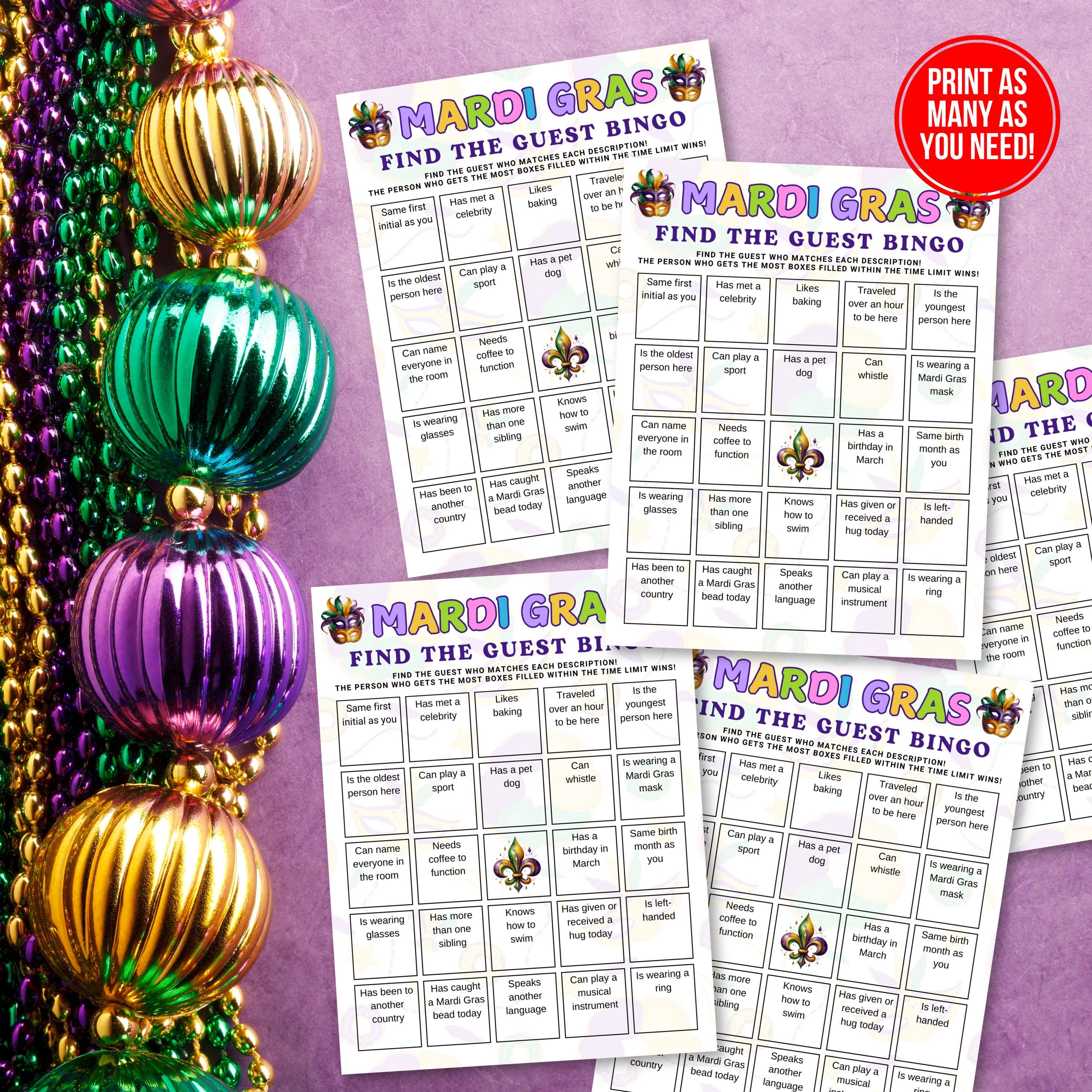 Mardi Gras Find the Guest Bingo Card Game, Mingle Bingo, Holiday Human ...