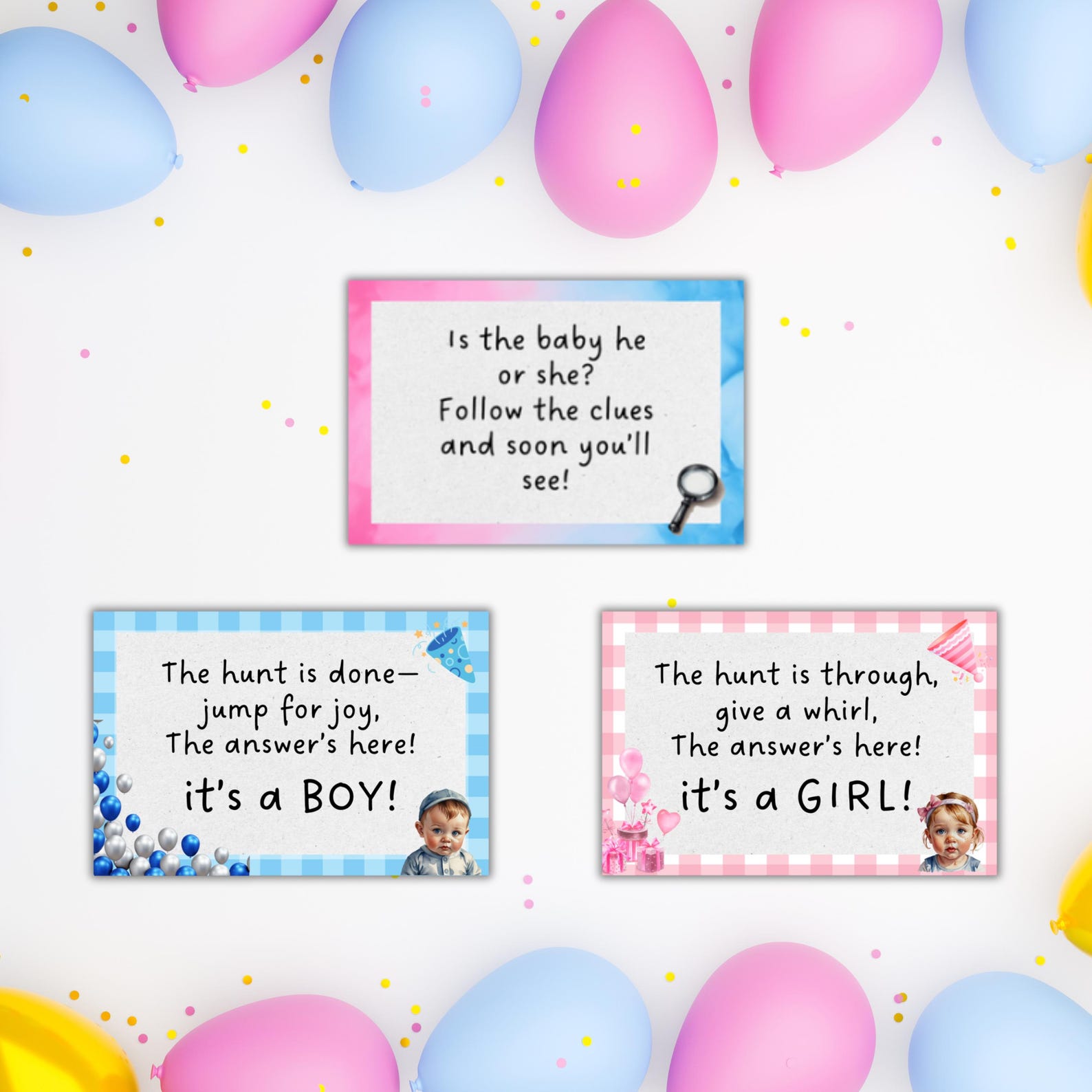Printable Gender Reveal Scavenger Hunt Clues, Gender Reveal Ideas ...