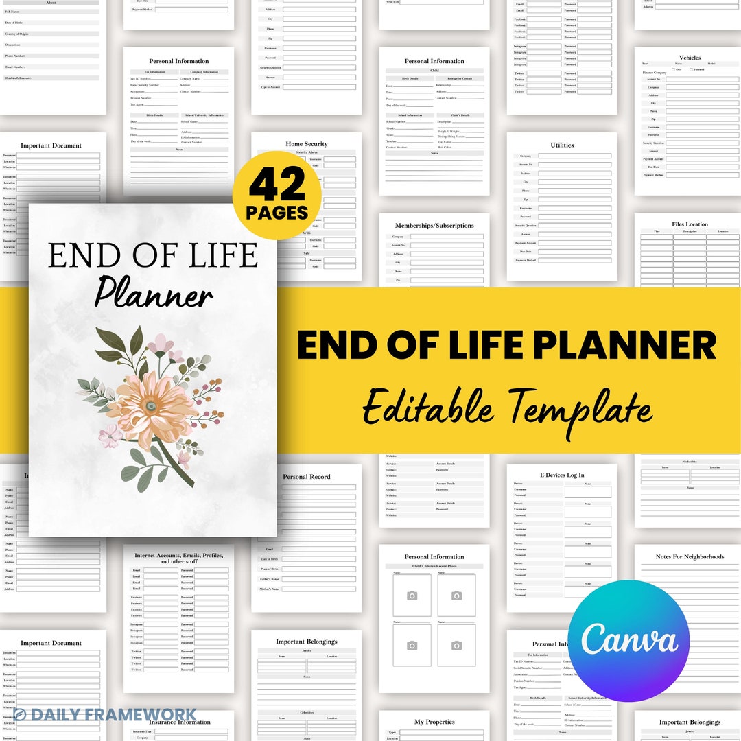 End of Life Planner Printable, Memorial Funeral Favors, in Case of ...