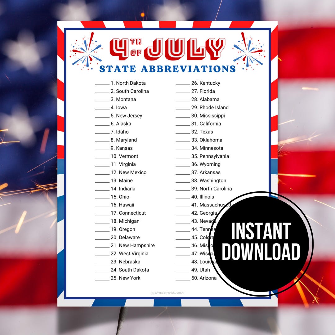 4th of July USA State Abbreviations Game, Printable 50 US United States ...