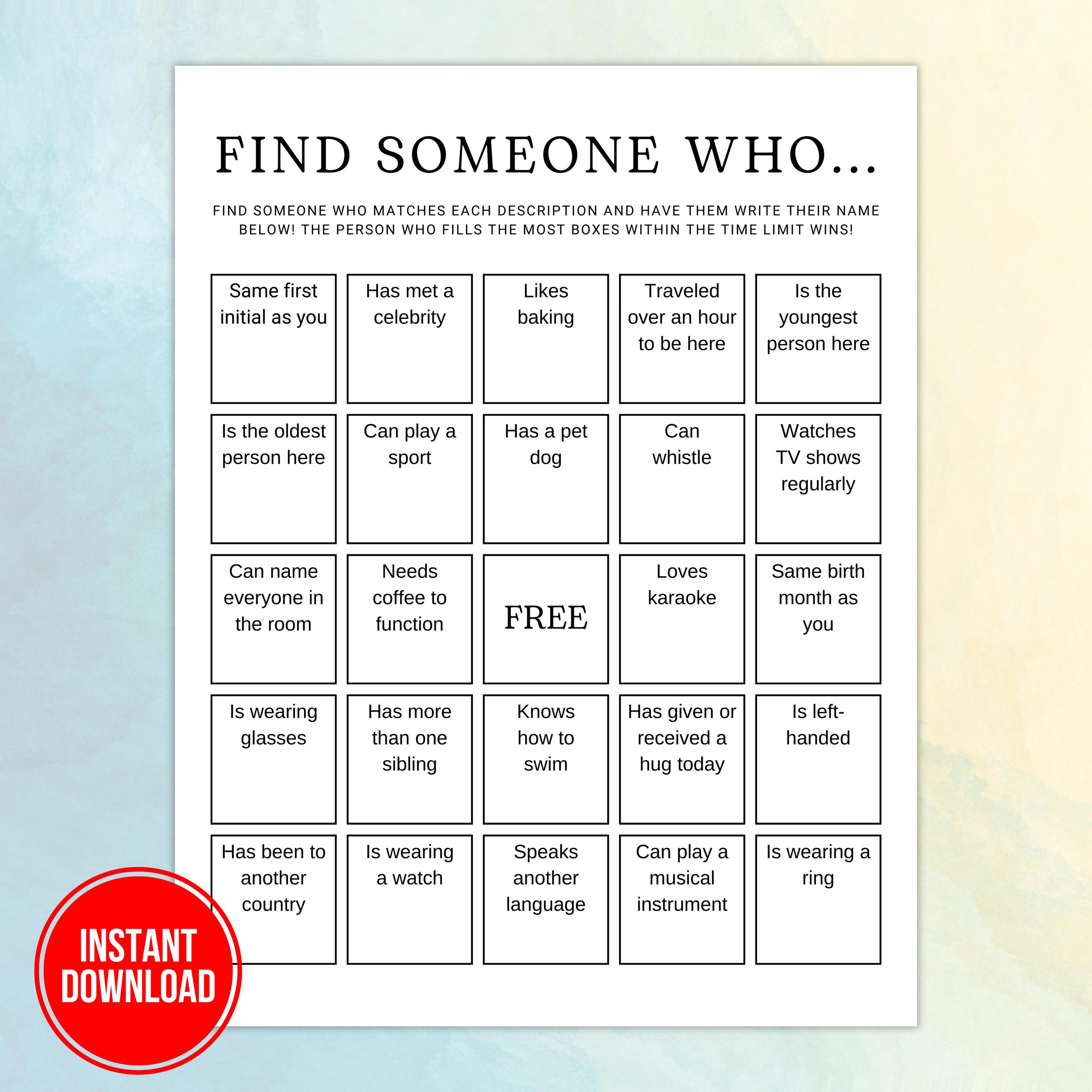 Mingle Bingo, Human Bingo, Find Someone Who Bingo, Find the Guest Bingo ...