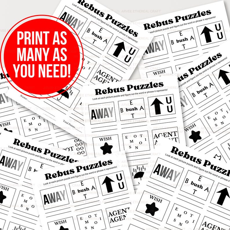 Rebus Word Puzzles Printable, Picture Puzzle Quiz Game, Brain Teaser ...