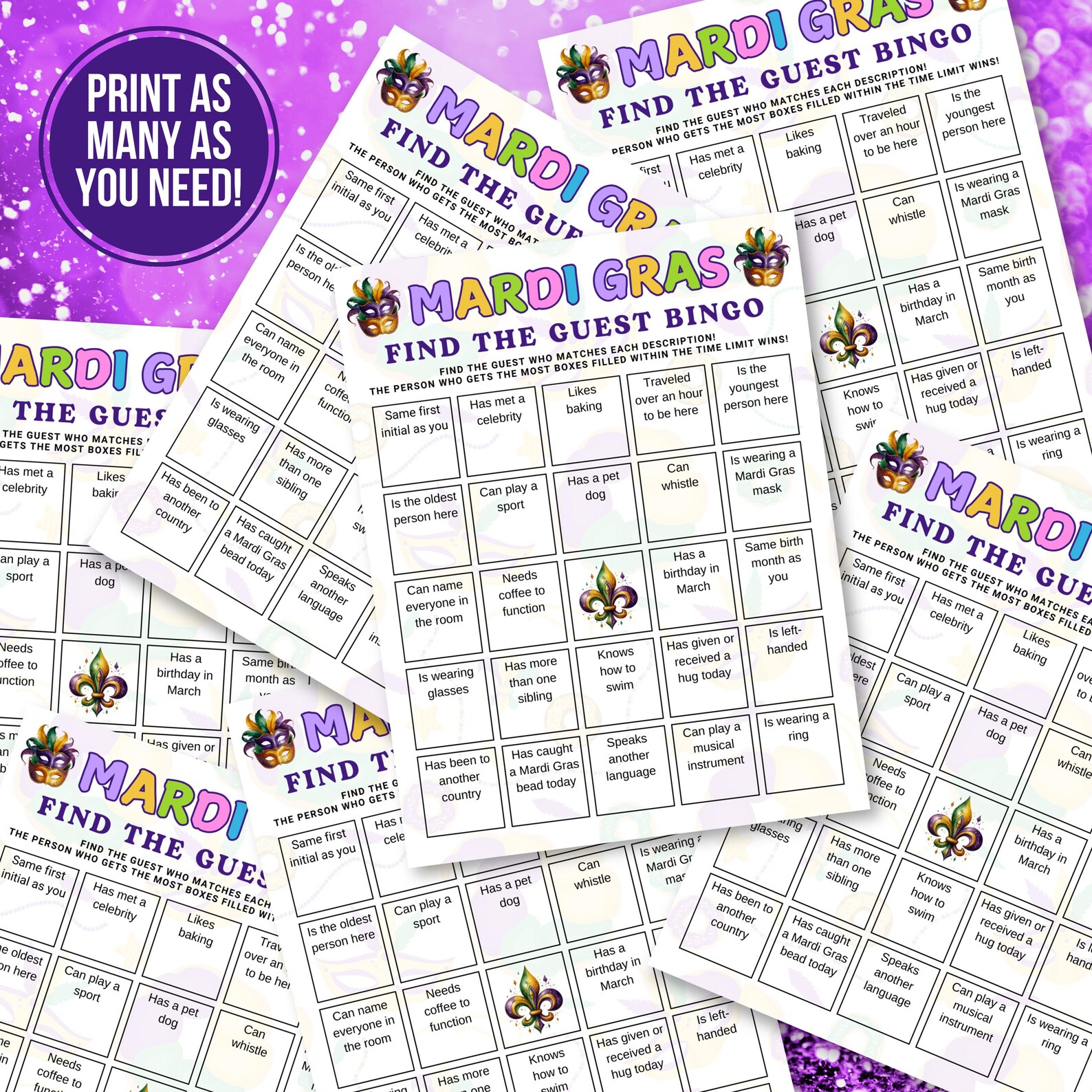 Mardi Gras Find the Guest Bingo Card Game, Mingle Bingo, Holiday Human ...
