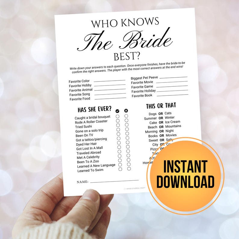 Who Knows the Bride Best, Printable Bridal Shower Games, How Well Do ...