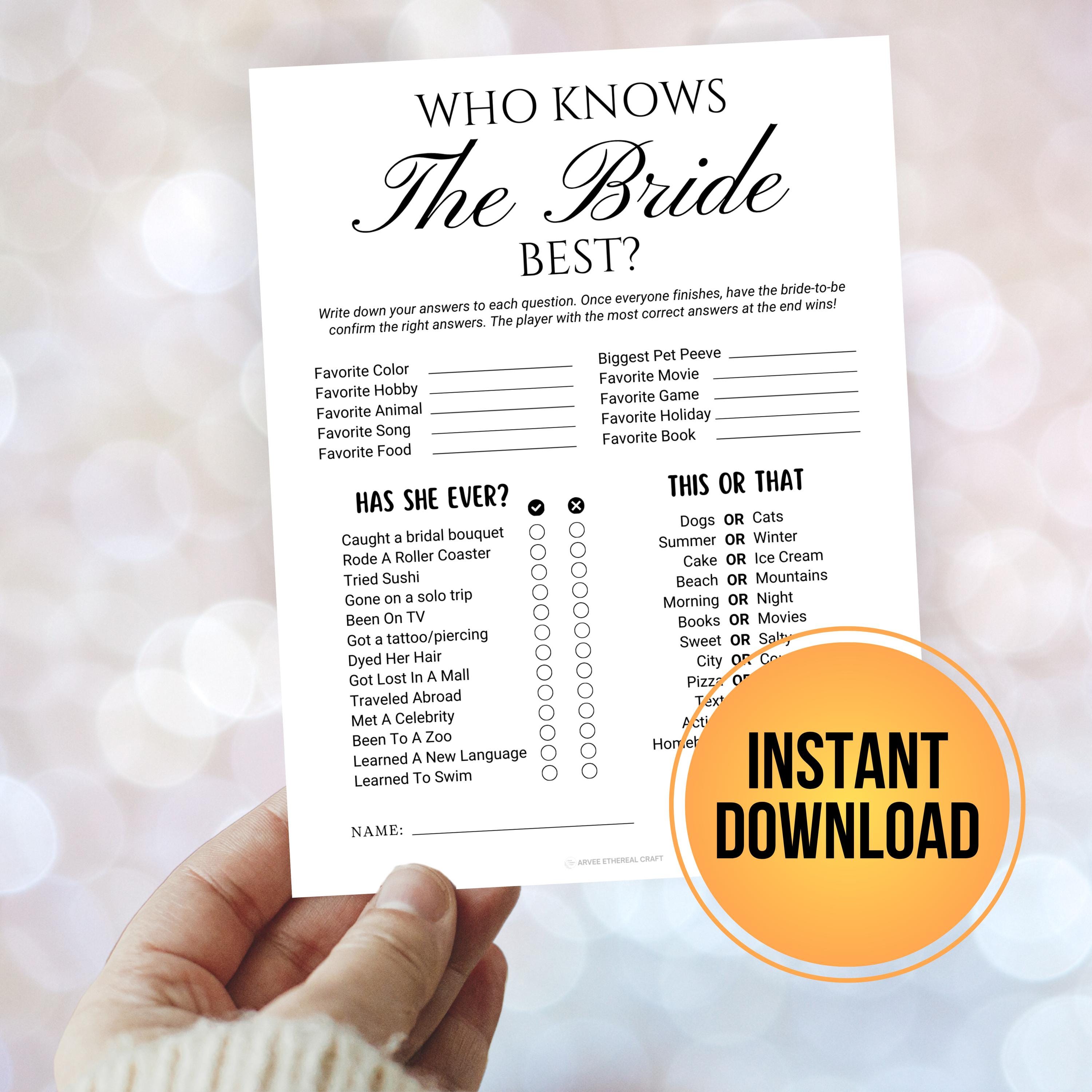 Who Knows the Bride Best, Printable Bridal Shower Games, How Well Do ...