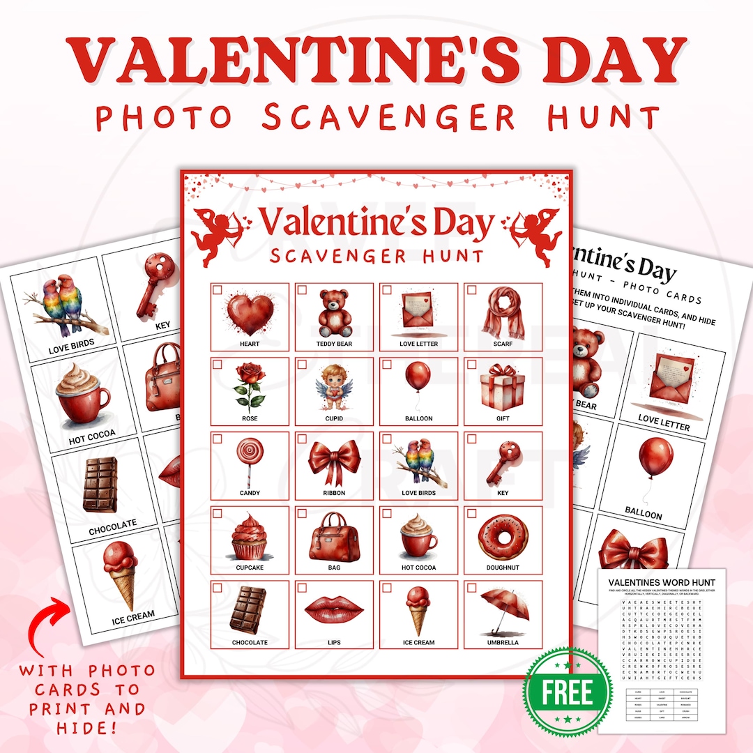 Valentine's Day Scavenger Hunt for Kids, Printable Indoor Treasure Hunt ...