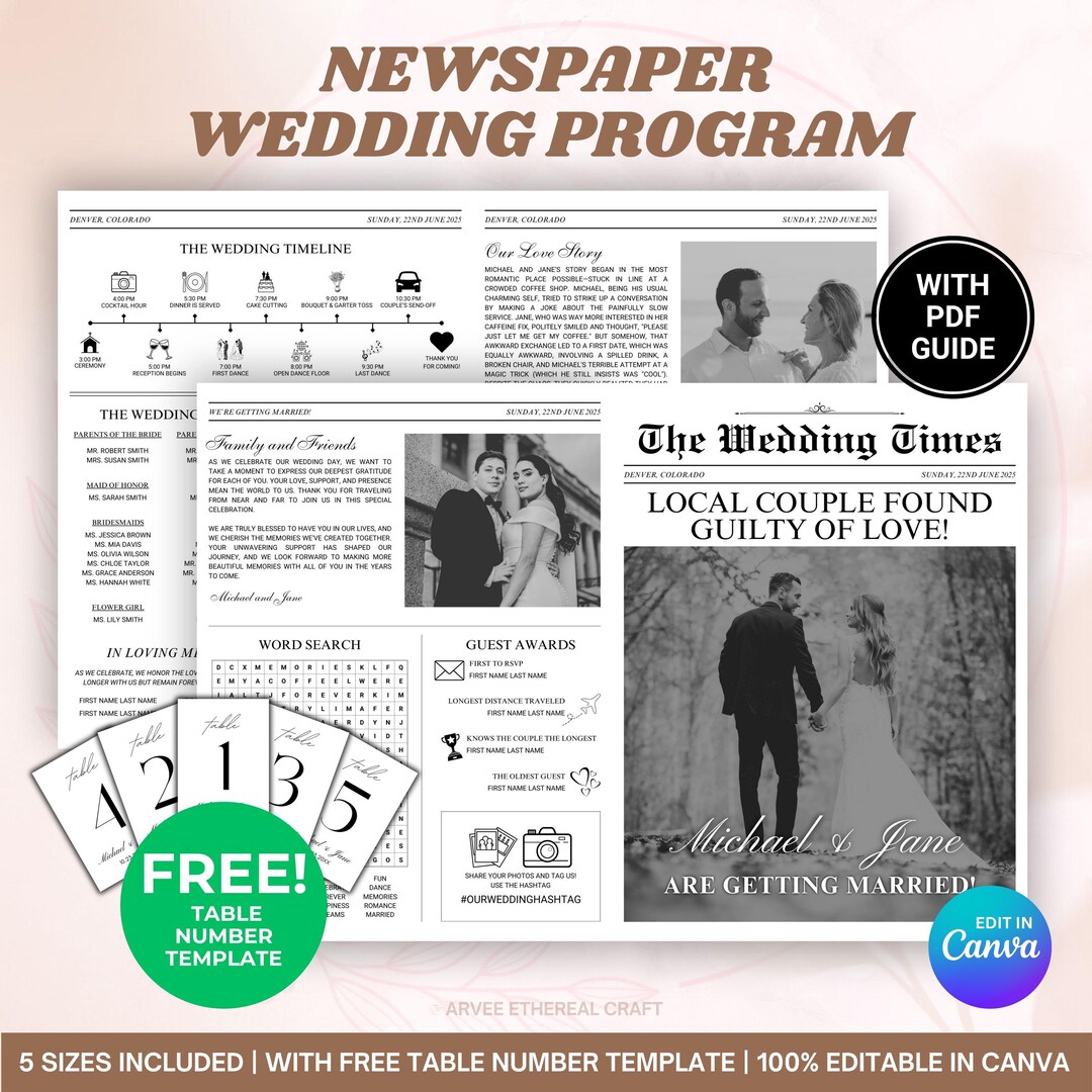 Newspaper Wedding Program Canva Template, Editable Newspaper Itinerary ...