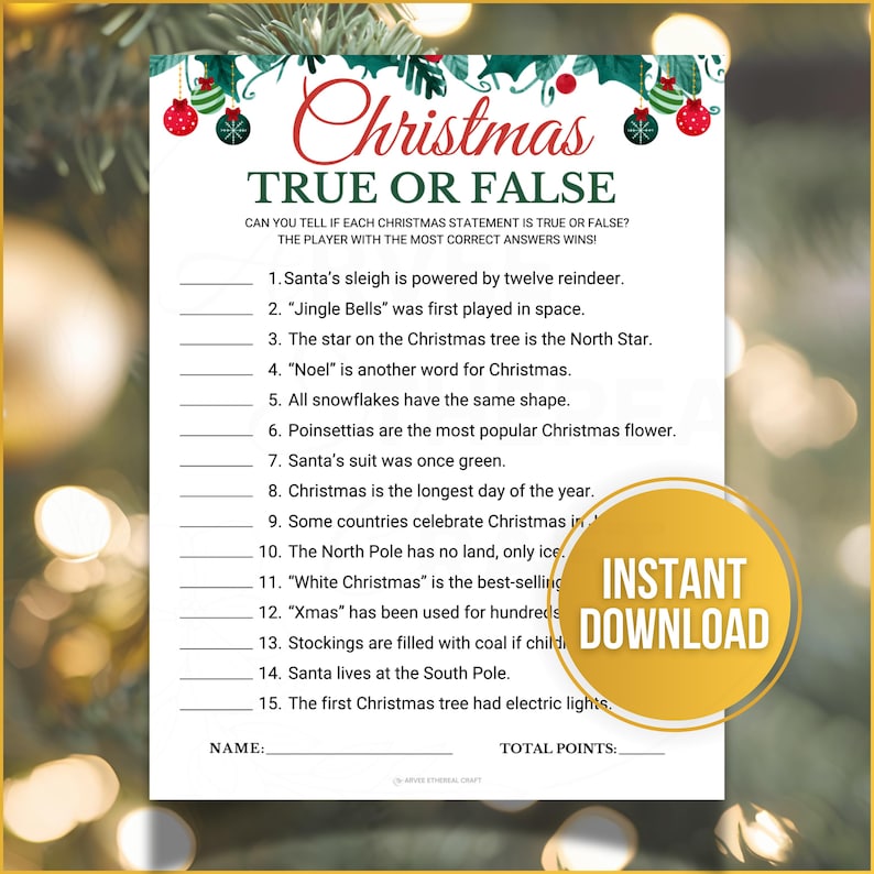Christmas True or False Game, Printable Christmas Trivia Games, General ...