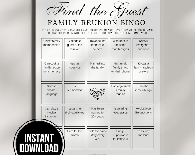 Editable Family Reunion Bingo, Family Reunion Games, Find the Guest ...