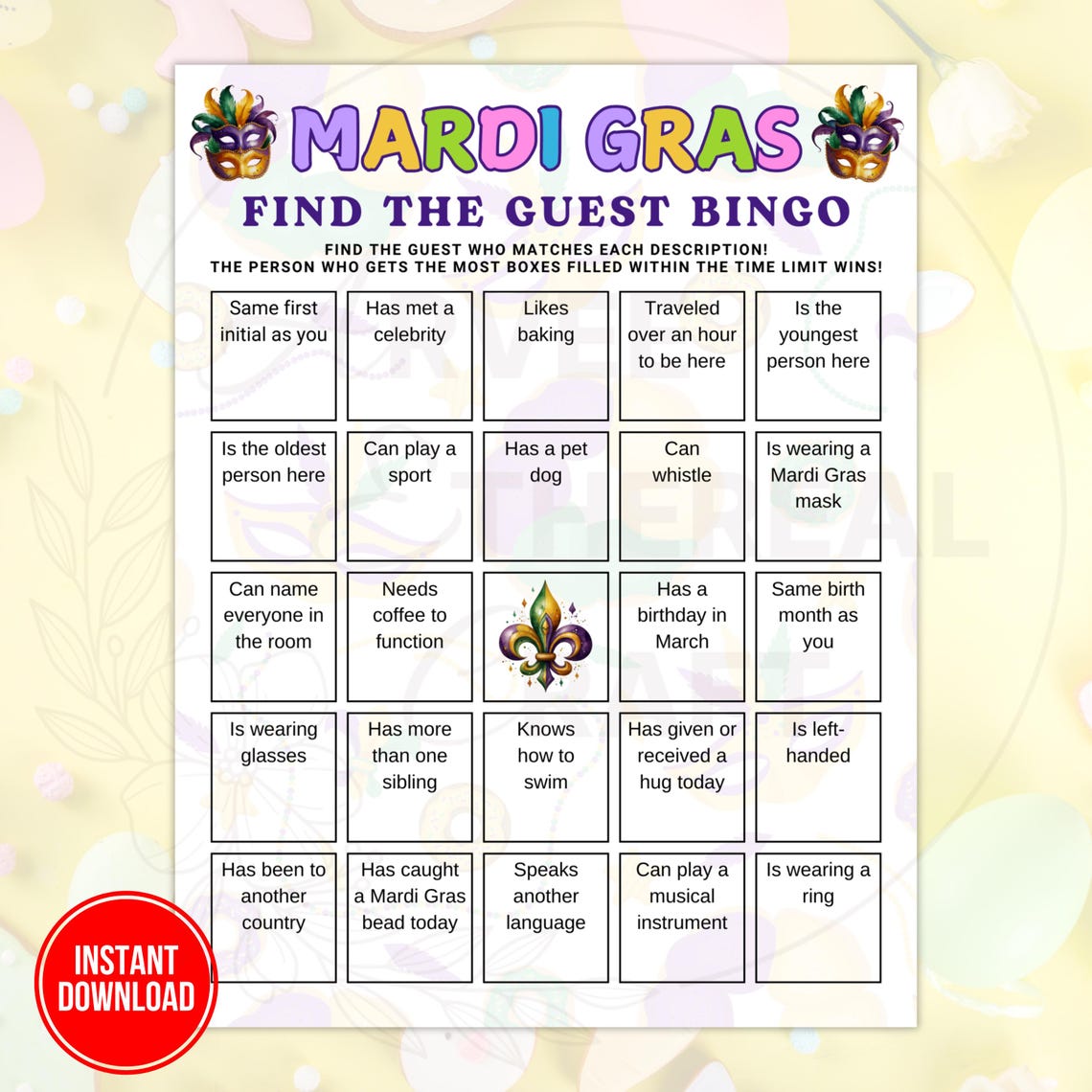 Mardi Gras Find the Guest Bingo Card Game, Mingle Bingo, Holiday Human ...