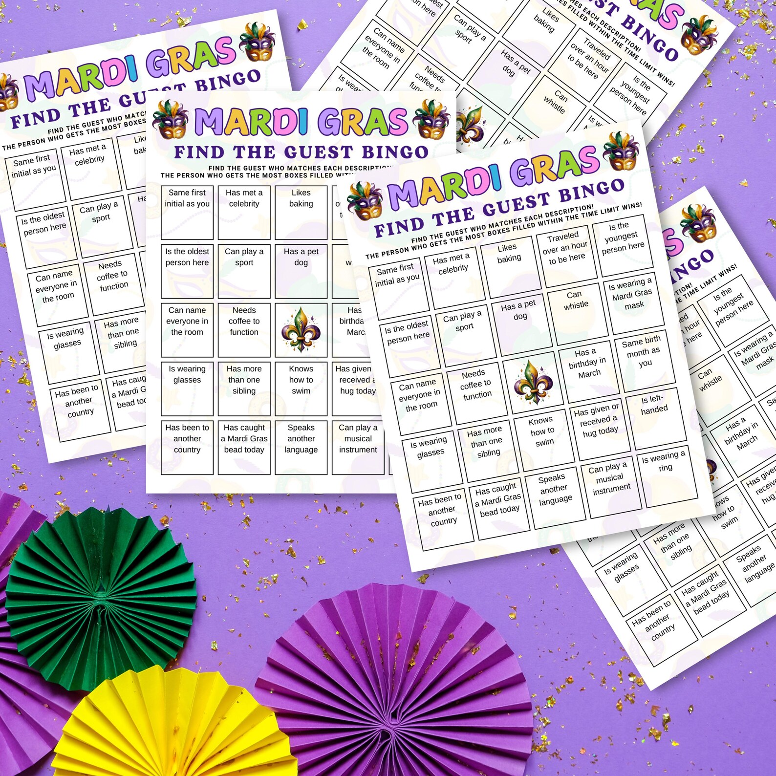 Mardi Gras Find the Guest Bingo Card Game, Mingle Bingo, Holiday Human ...