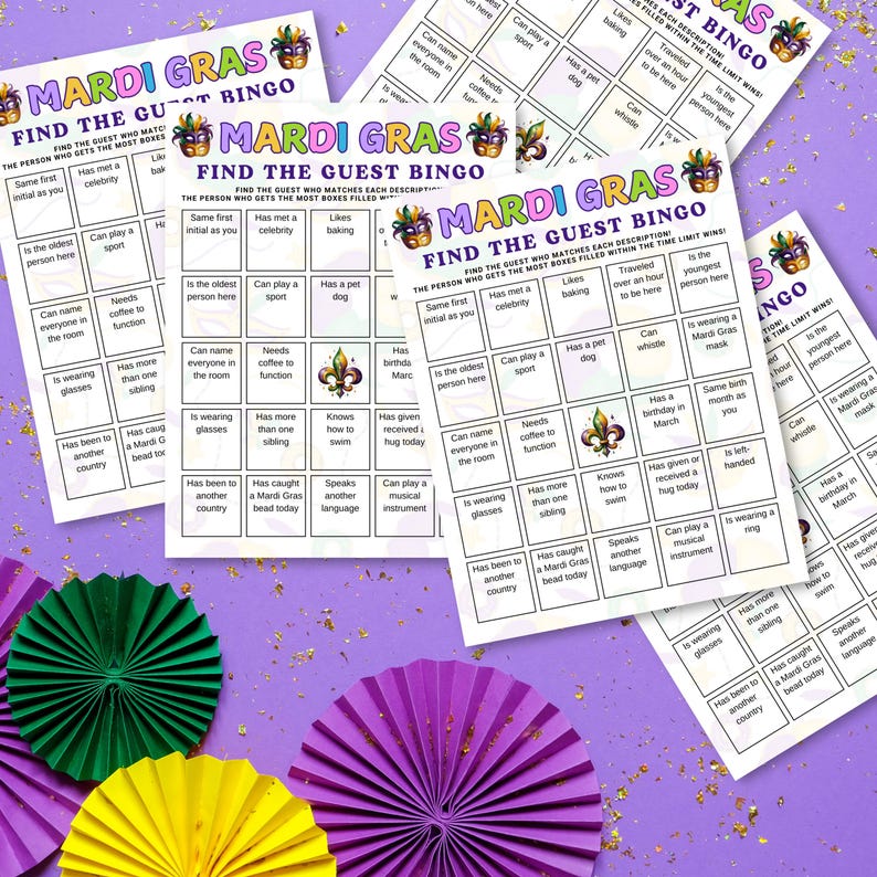Mardi Gras Find the Guest Bingo Card Game, Mingle Bingo, Holiday Human ...