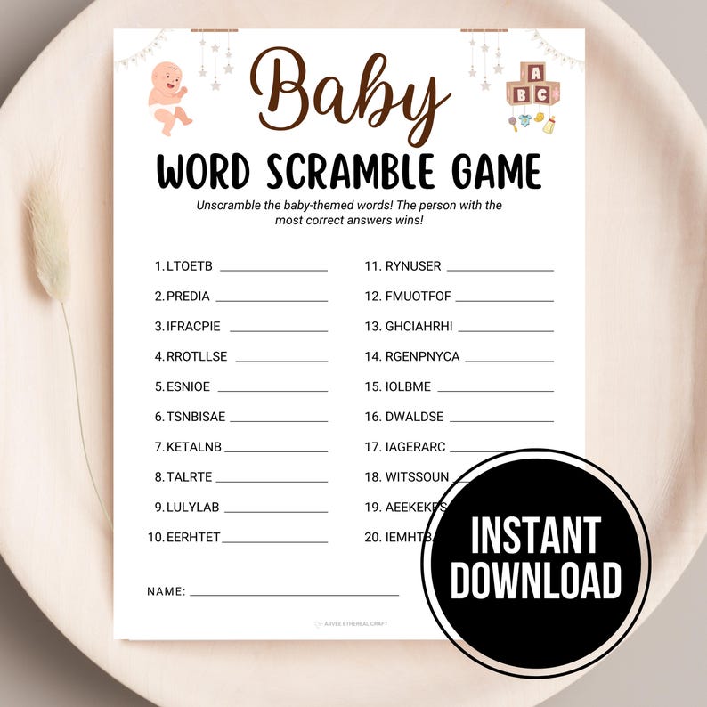 Baby Word Scramble Game, Baby Shower Puzzle, Scrambled Words Baby ...