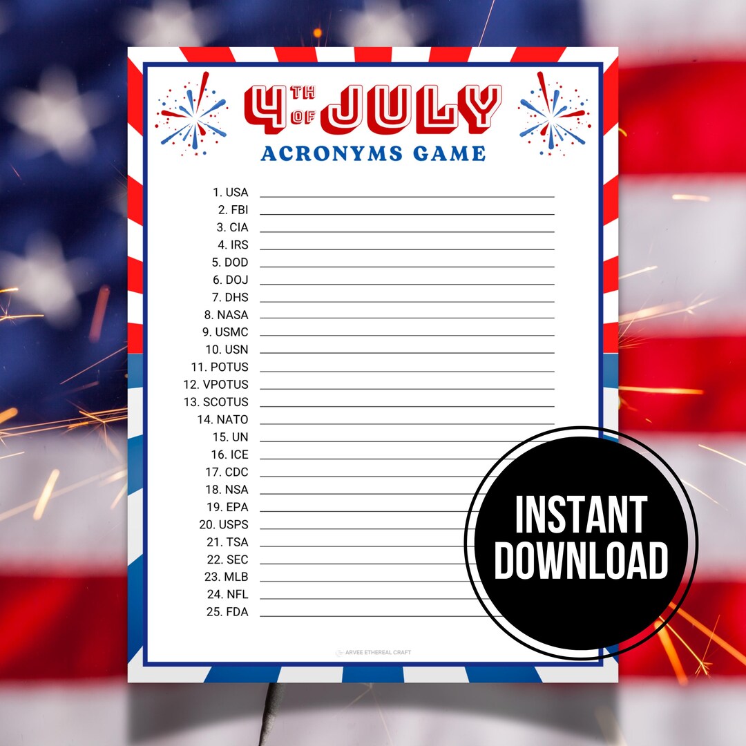 4th of July Acronyms Game, Printable Independence Day Patriotic ...
