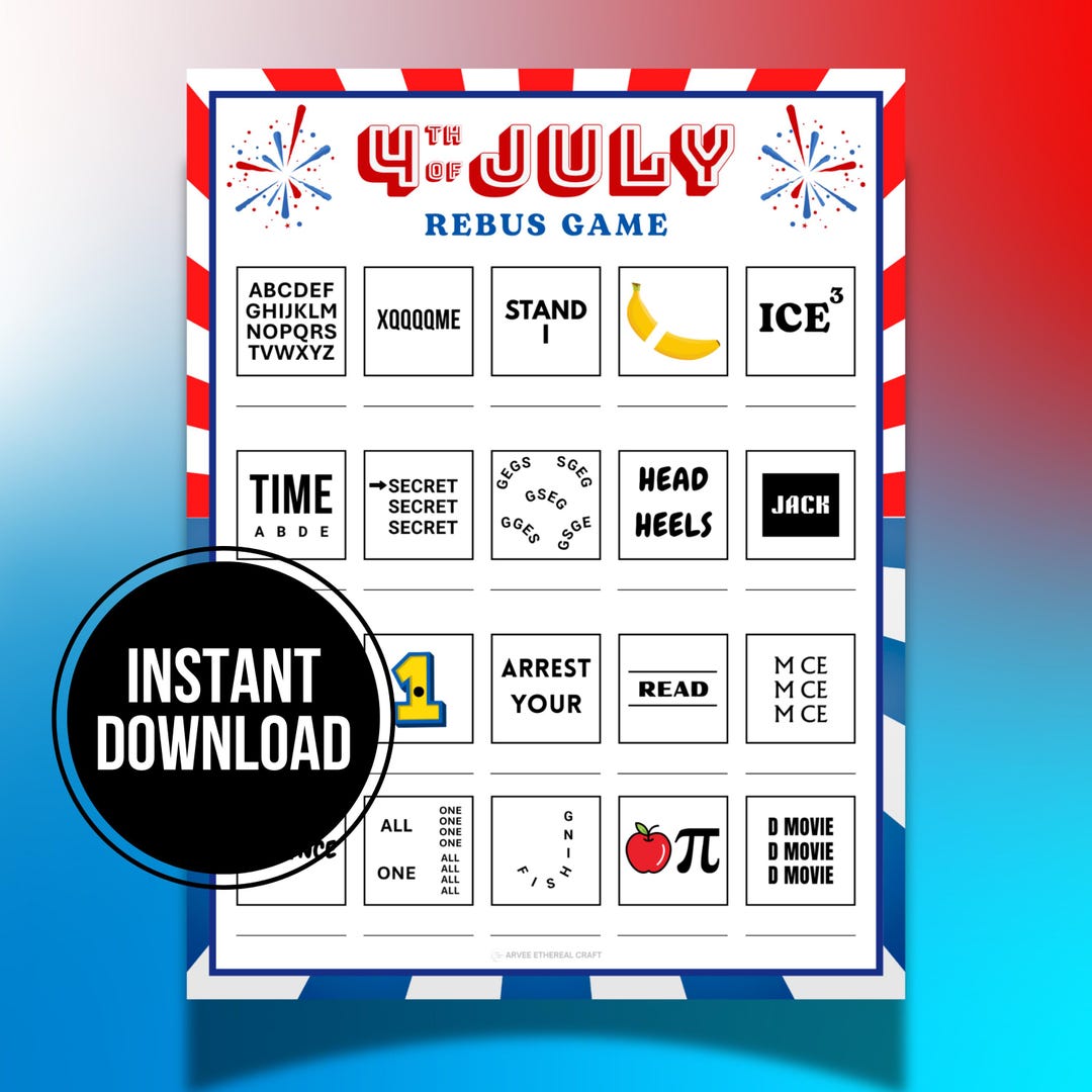 Rebus Game, 4th of July Printable Rebus Puzzles, Word Play Trivia ...