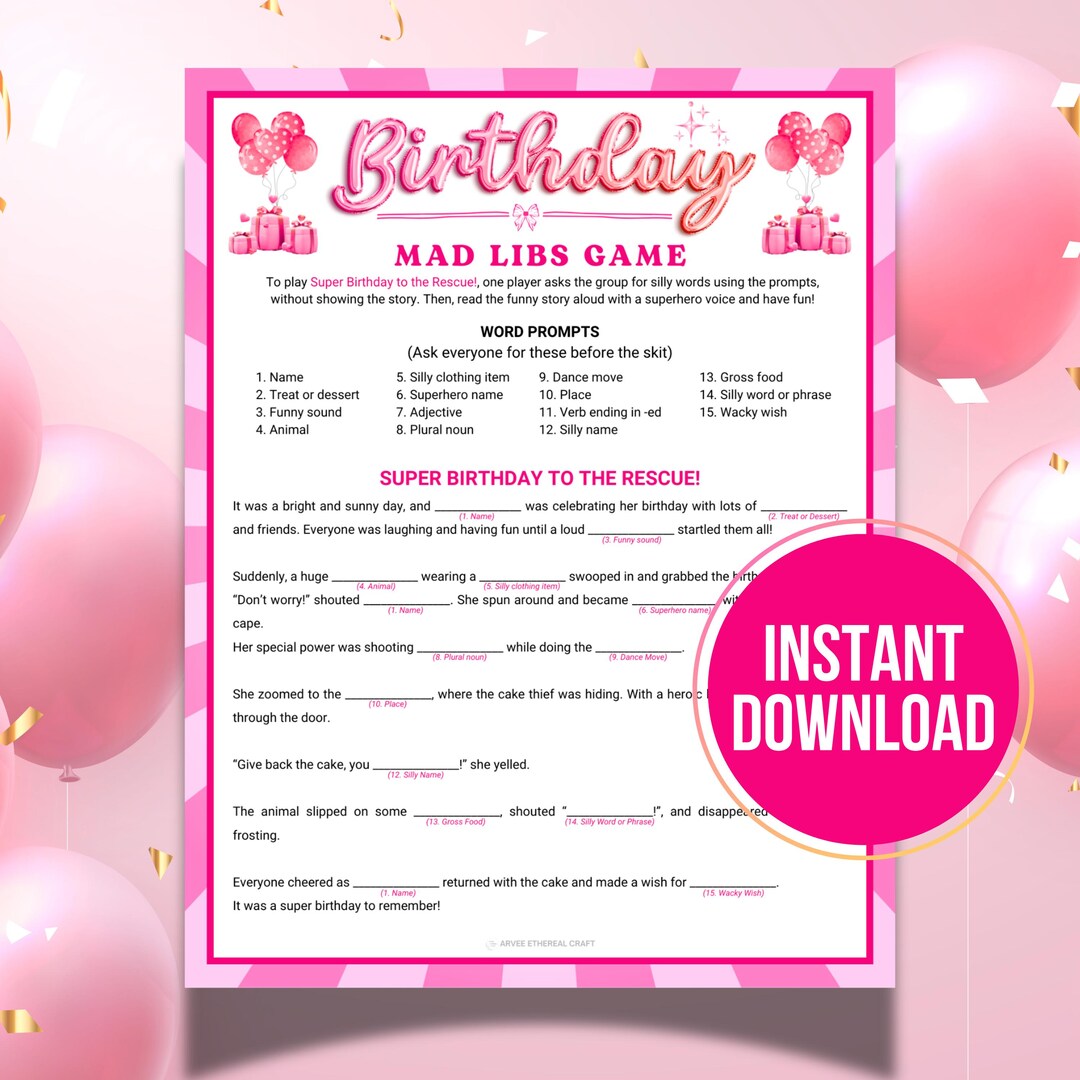 Birthday Mad Libs Game, Printable Ad Libs Funny Story Time, Fill in the ...