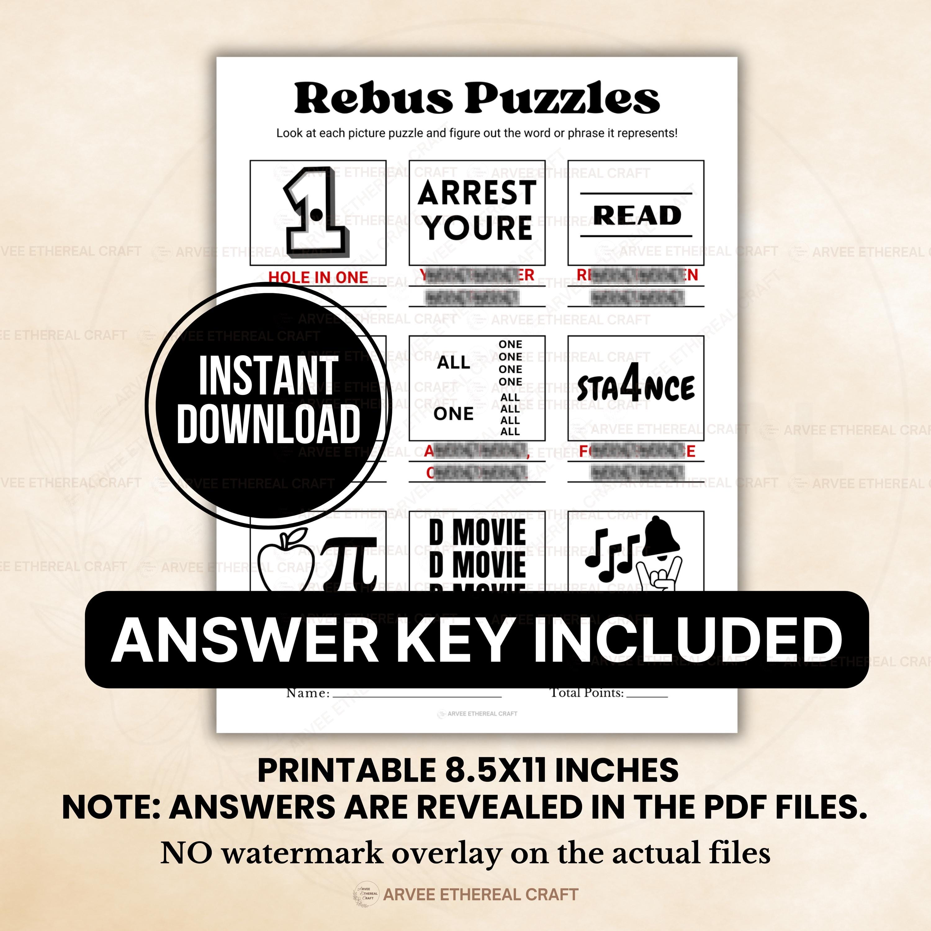 Rebus Brain Teasers Printable, Picture Puzzle Quiz Game, Word Puzzles ...