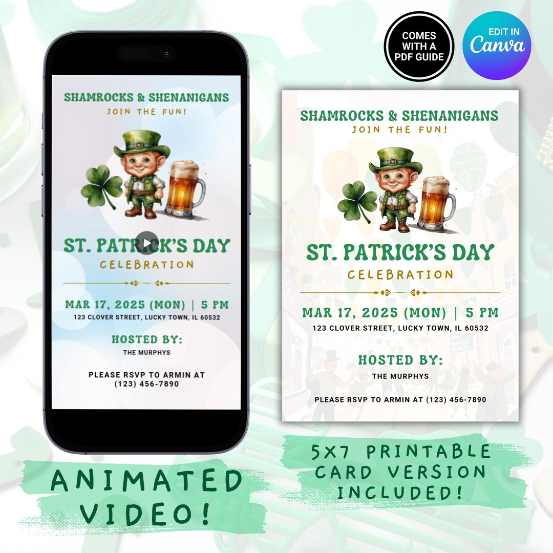 St Patricks Day Editable Digital Party Invitation Canva Template, St ...