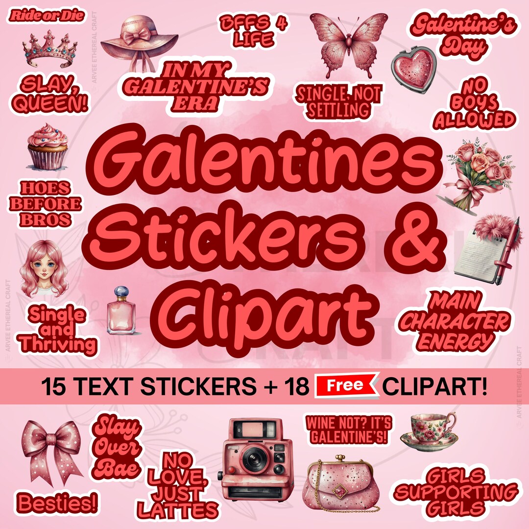 Galentines Stickers Clipart PNG Files, Printable Clipart Bundle ...