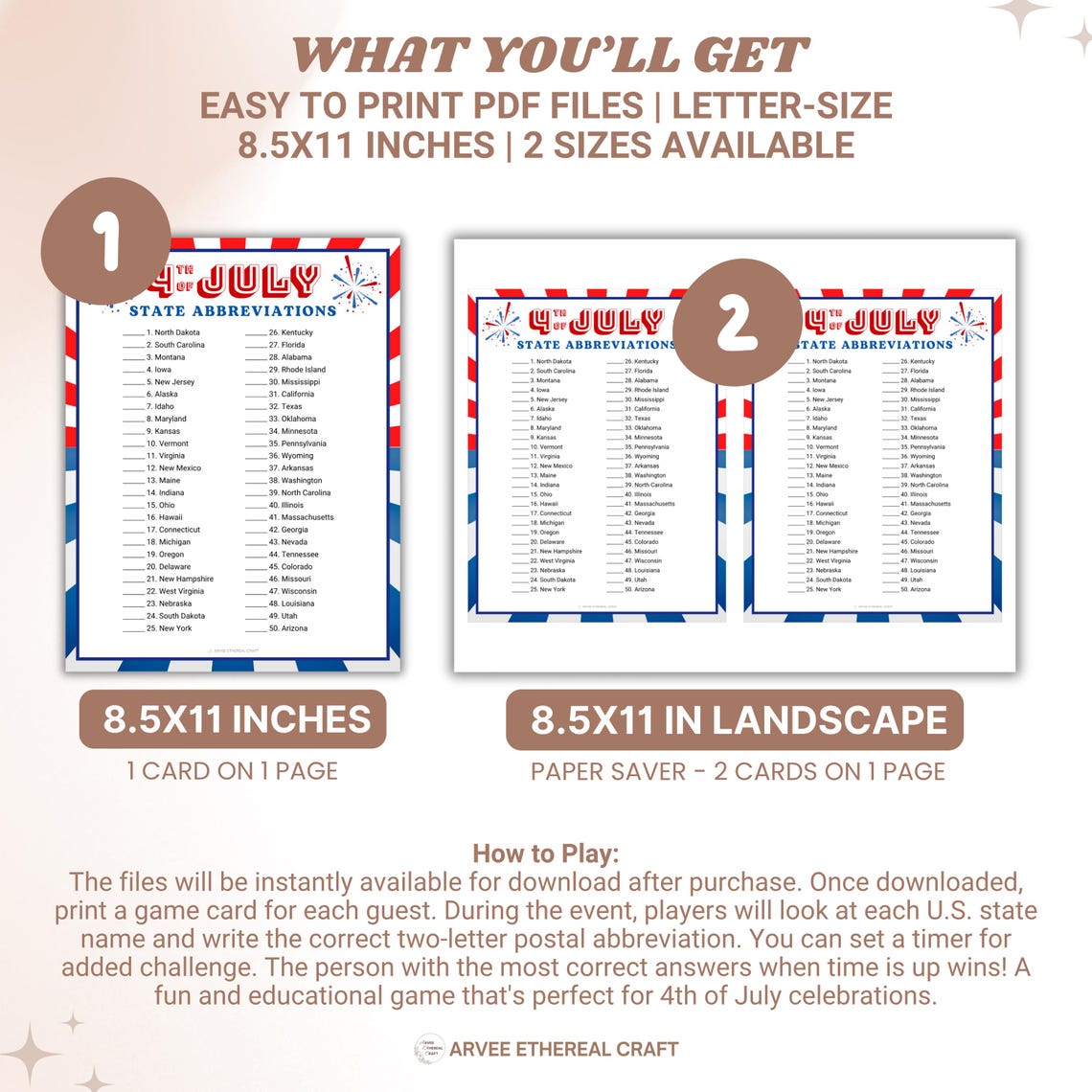 USA State Abbreviations Game, 4th of July Printable 50 US United States ...