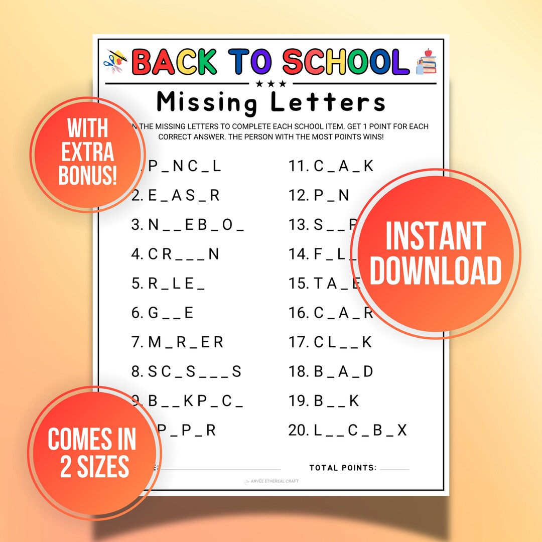 Printable Back to School Missing Letters Game, Teacher Worksheets Fill ...