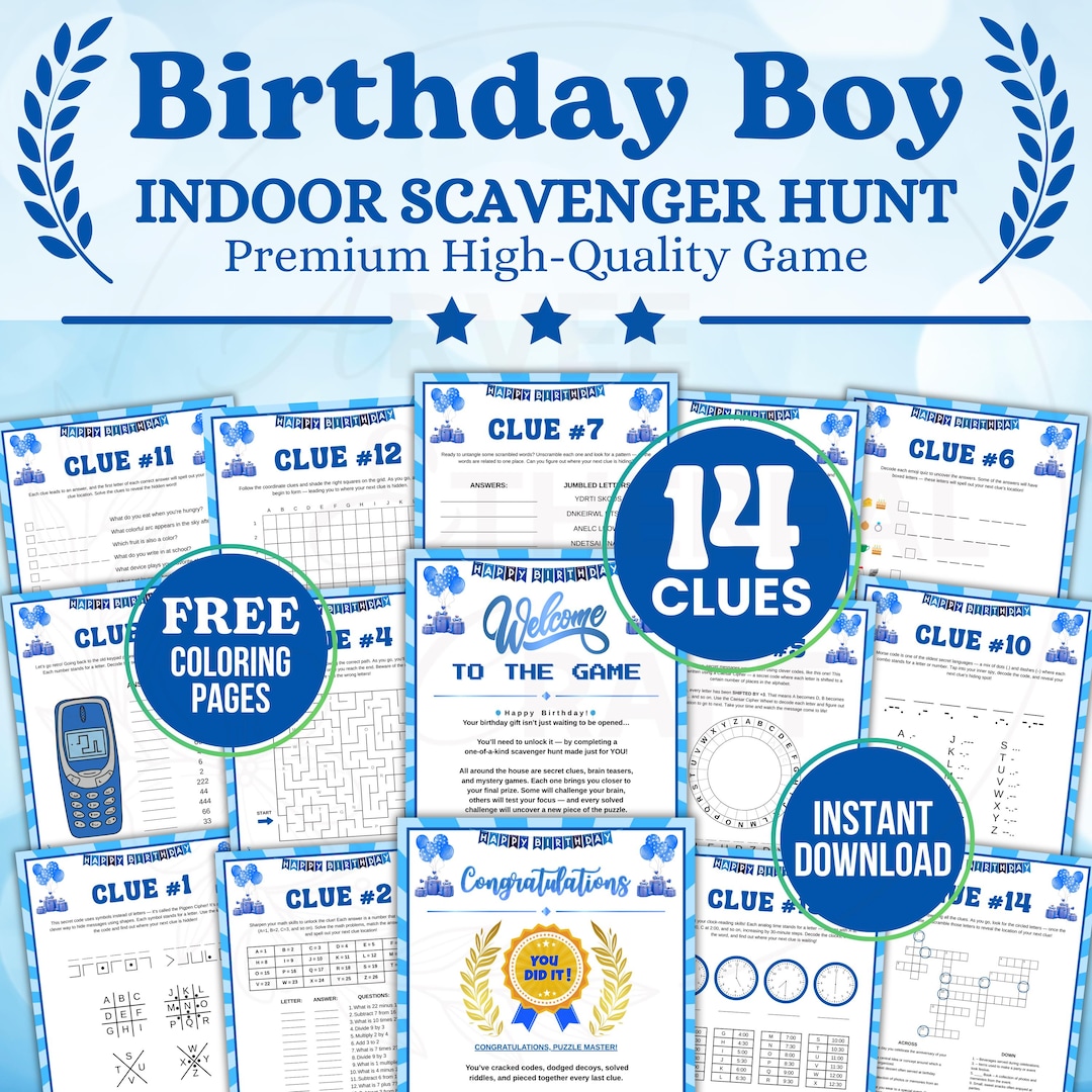 Birthday Scavenger Hunt Boys Older Kids Indoor Treasure Hunt Clues ...