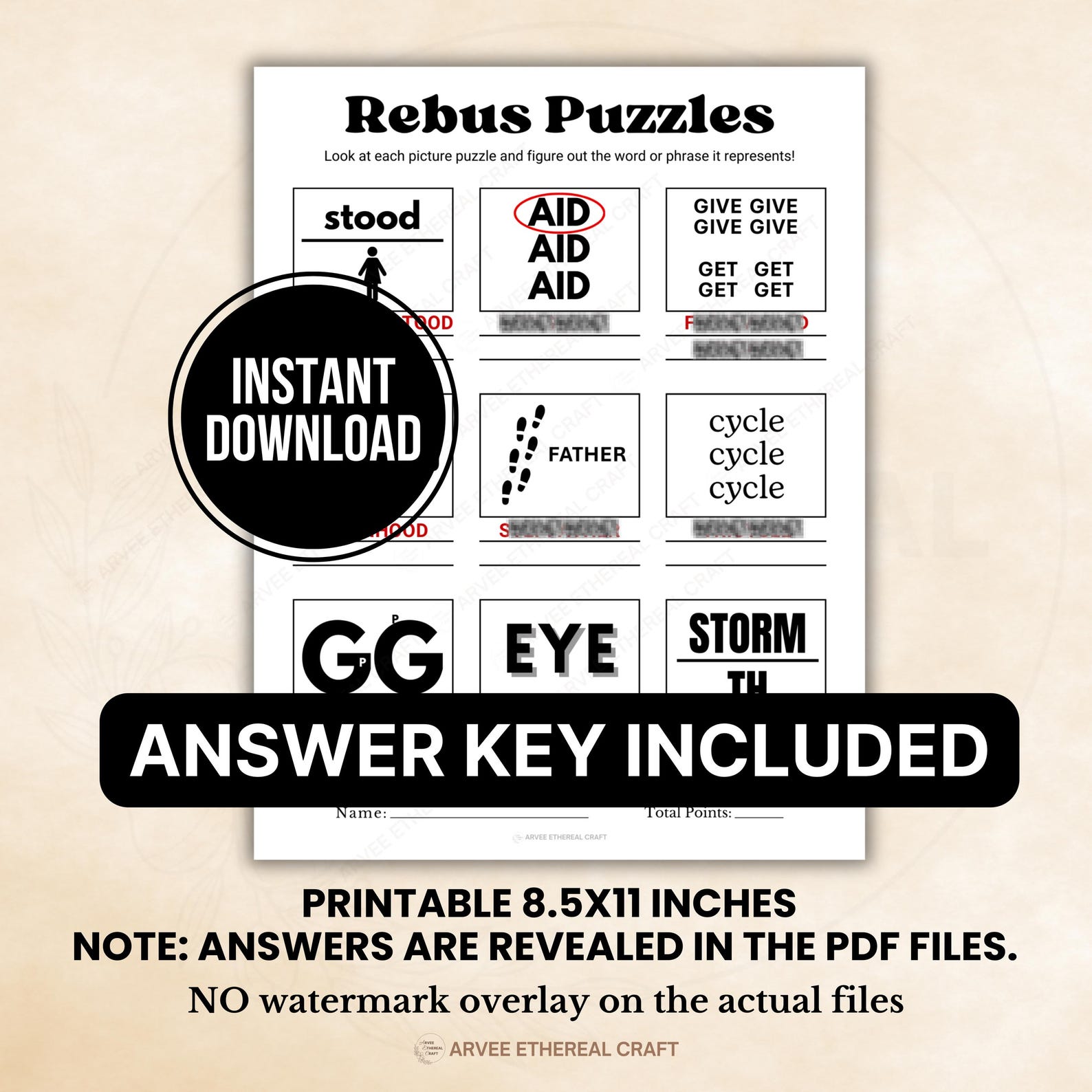 Printable Rebus Puzzles Game, Picture Puzzle Quiz, Rebus Games, Family ...