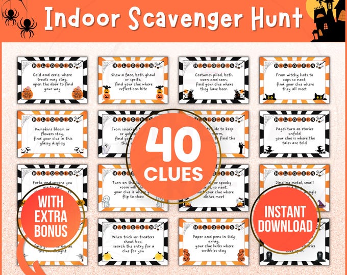 Halloween Scavenger Hunt for Adults, Printable Clue Cards, Indoor and ...