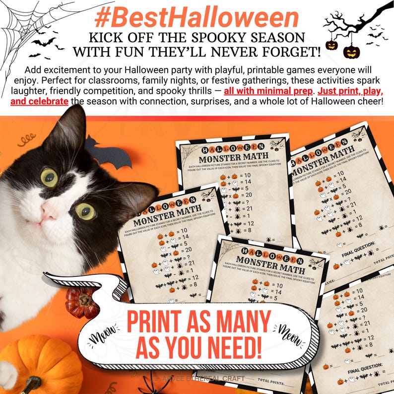 Printable Halloween Monster Math Game, Math Problems, Math Challenge ...