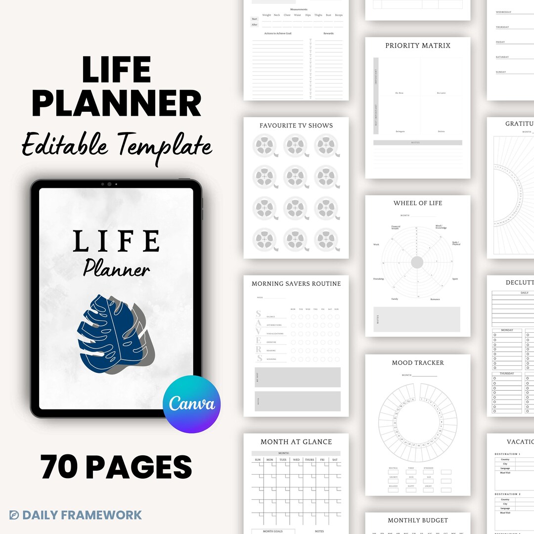Editable Life Planner, Printable Undated Daily Weekly Monthly Self Care ...