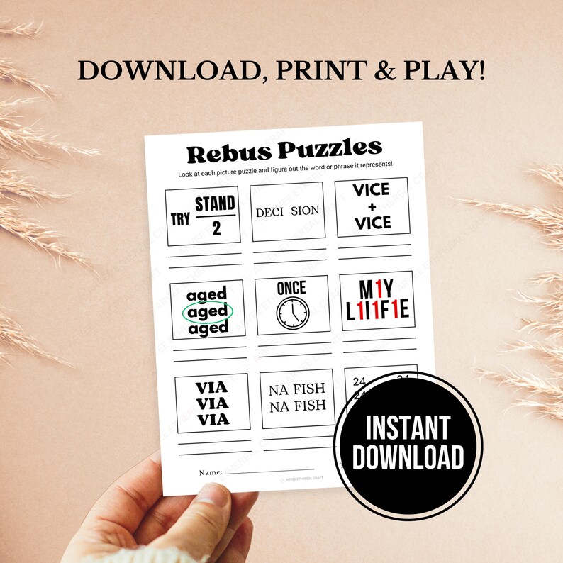 Printable Rebus Puzzles Game, Picture Puzzle Quiz, Rebus Games, Family ...