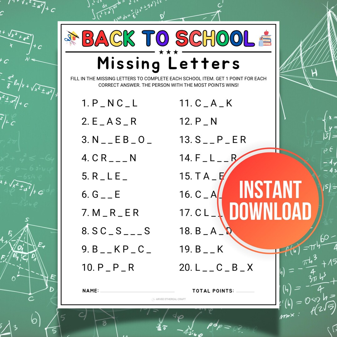 Back to School Missing Letters Game, Teacher Printable Worksheets Fill ...