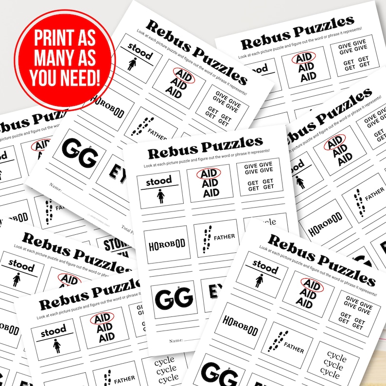 Printable Rebus Puzzles Game, Picture Puzzle Quiz, Rebus Games, Family ...