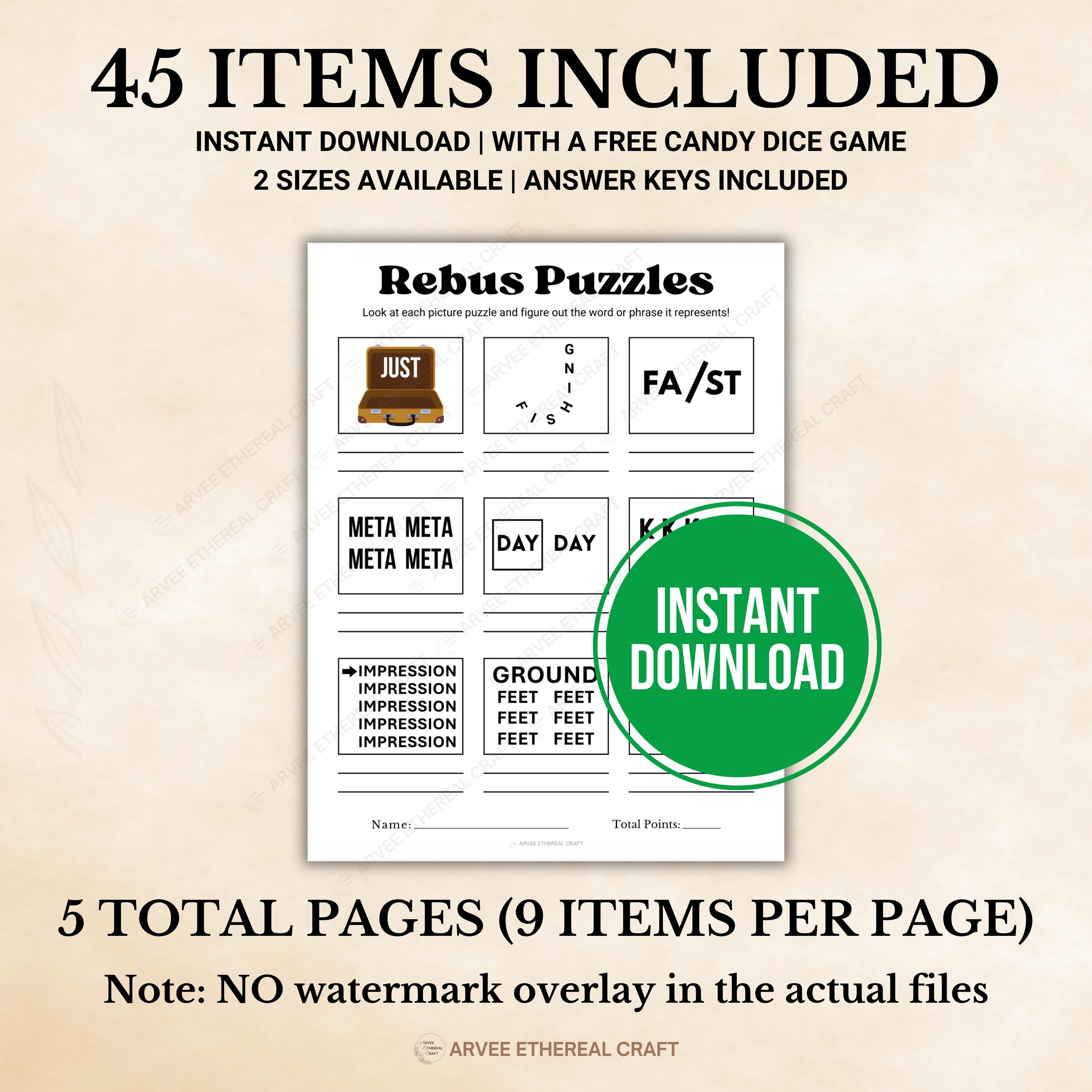 Printable Rebus Puzzles Game Bundle, Picture Puzzle Quiz Rebus Games ...