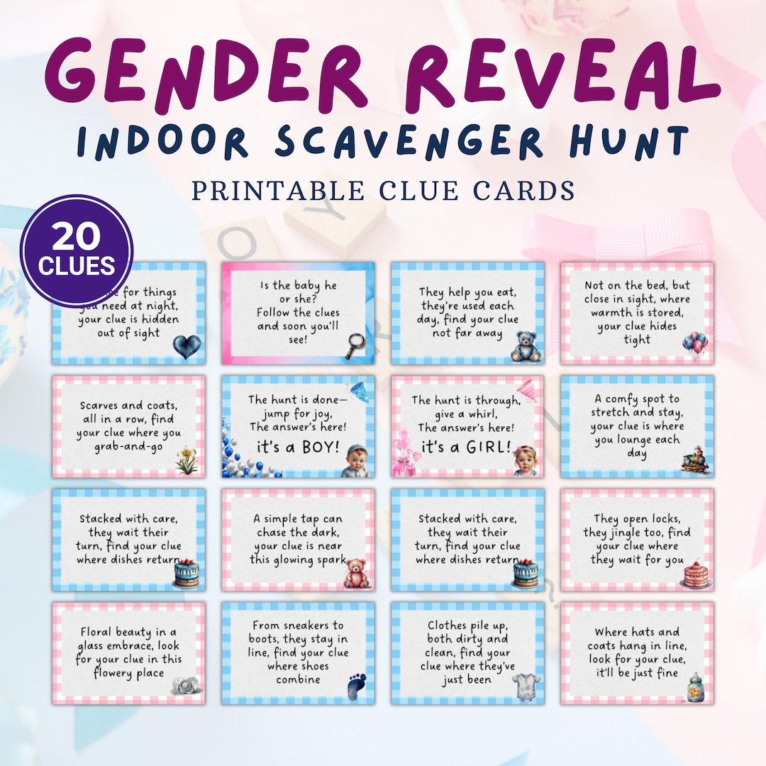 Printable Gender Reveal Scavenger Hunt Clues, Gender Reveal Ideas ...