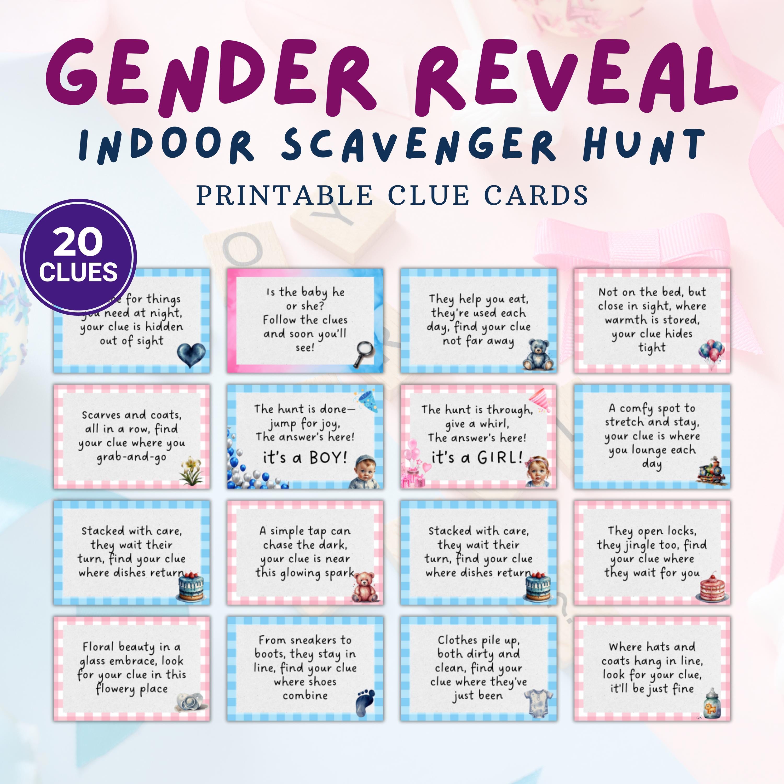 Printable Gender Reveal Scavenger Hunt Clues, Gender Reveal Ideas ...