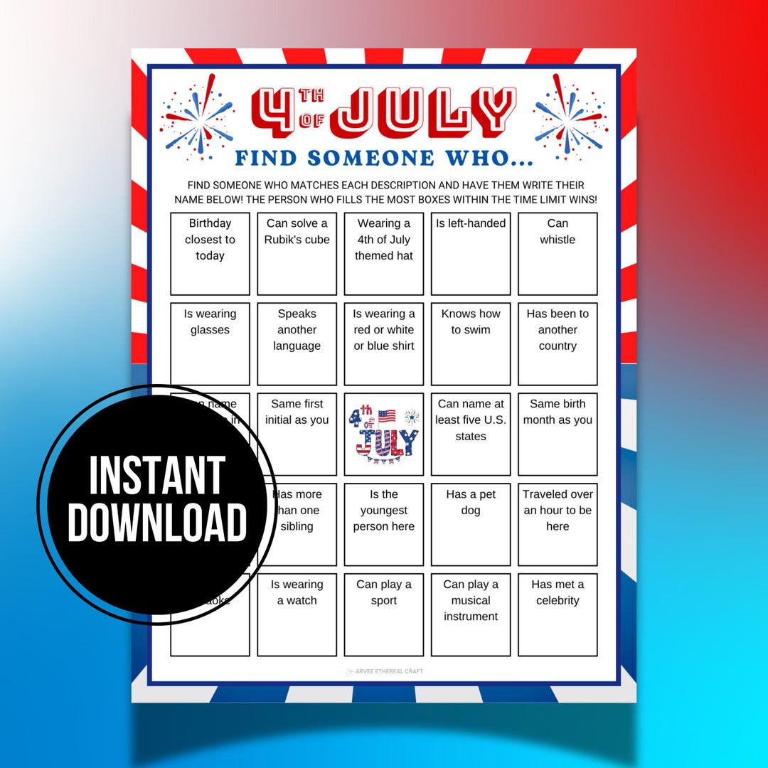 Find the Guest Bingo, 4th of July Printable Find Someone Who Bingo ...