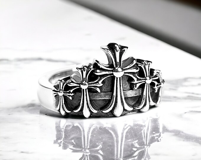 Chrome Hearts Cross Crown Ring, Gothic Silver Ring, Biker Silver Ring ...