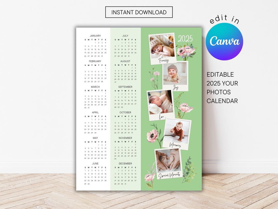 Custom 2025 Photo Calendar Template Editable Green Hues Design Canva ...